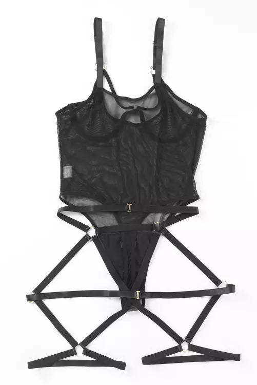 Body con transparencia y arneses – Negro Mate Lencería