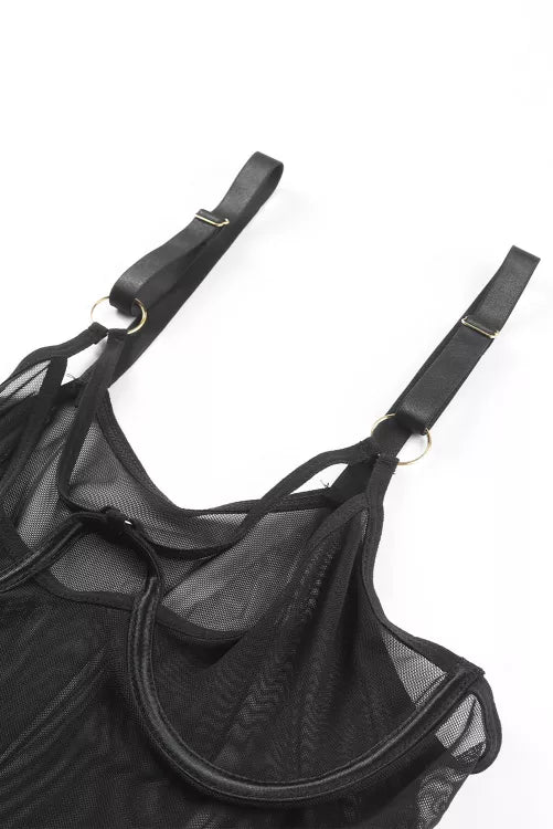 Body con transparencia y arneses – Negro Mate Lencería