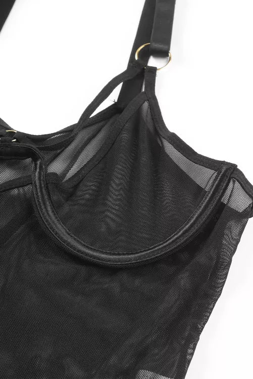 Body con transparencia y arneses – Negro Mate Lencería