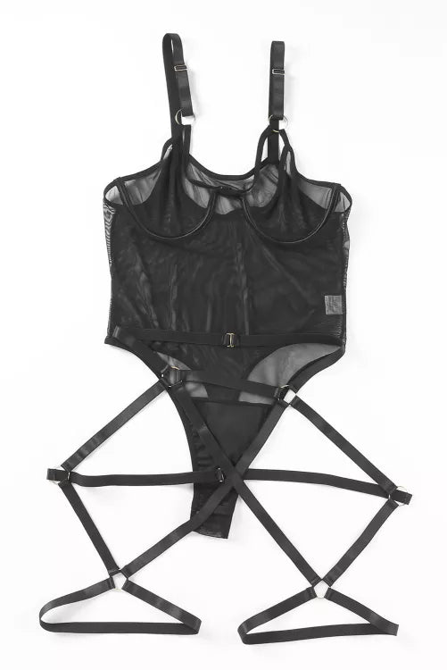 Body con transparencia y arneses – Negro Mate Lencería